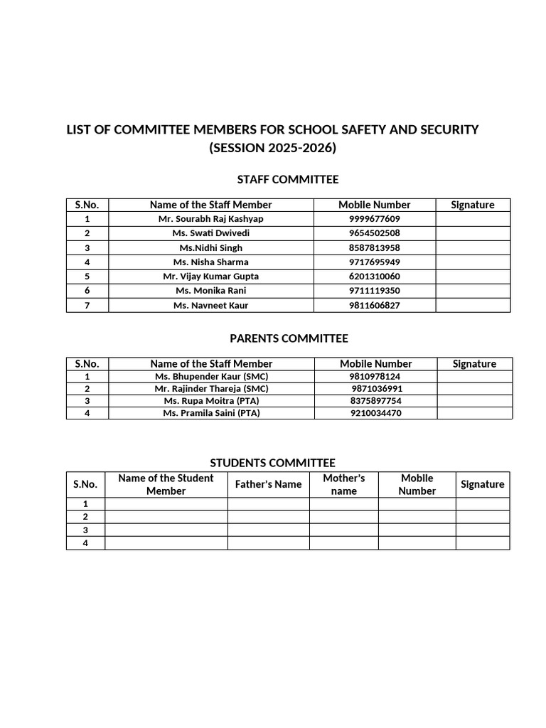 List of Committee Members for School Safety and Security | PDF