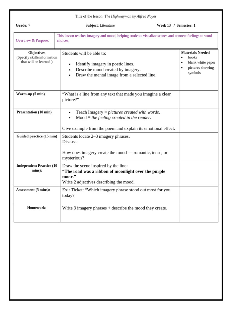 Week 13 Day 4 Literature The Highwayman | PDF