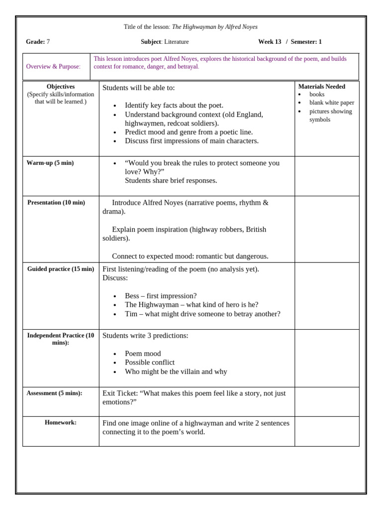 Week 13 Day 1 Literature The Highwayman | PDF | Poetry | Writing