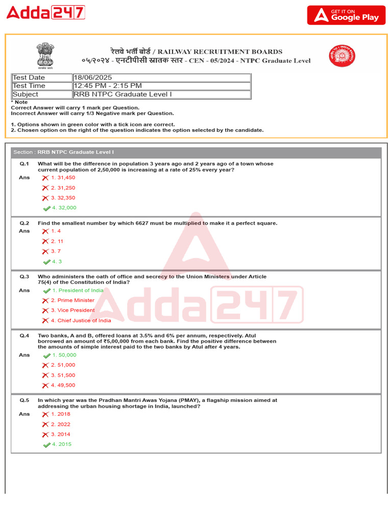 RRB NTPC Graduate Level I Practice Questions | PDF