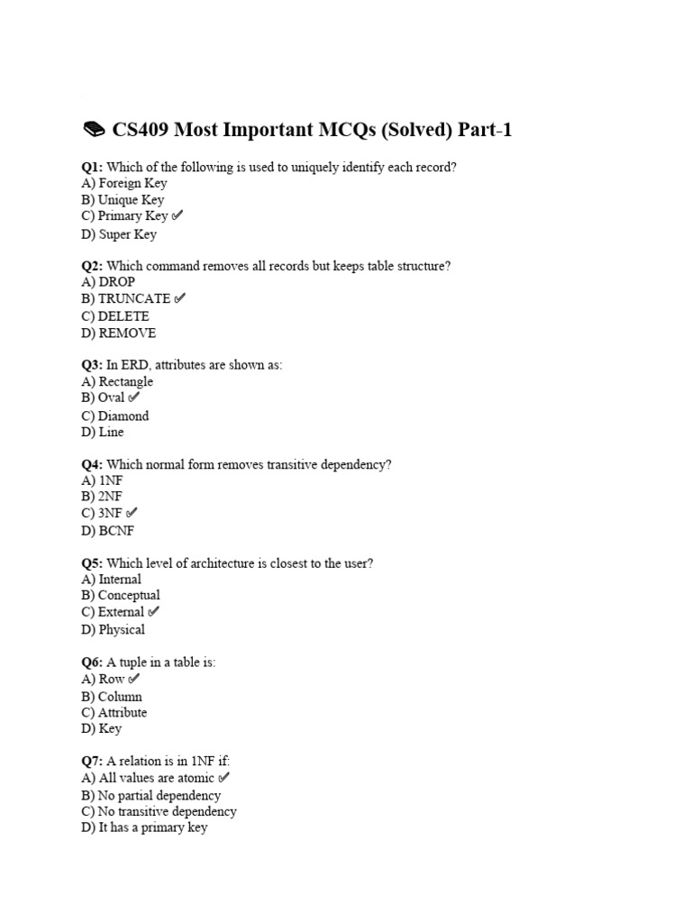 ? CS409 Most Important MCQs | PDF | Relational Model | Database Index