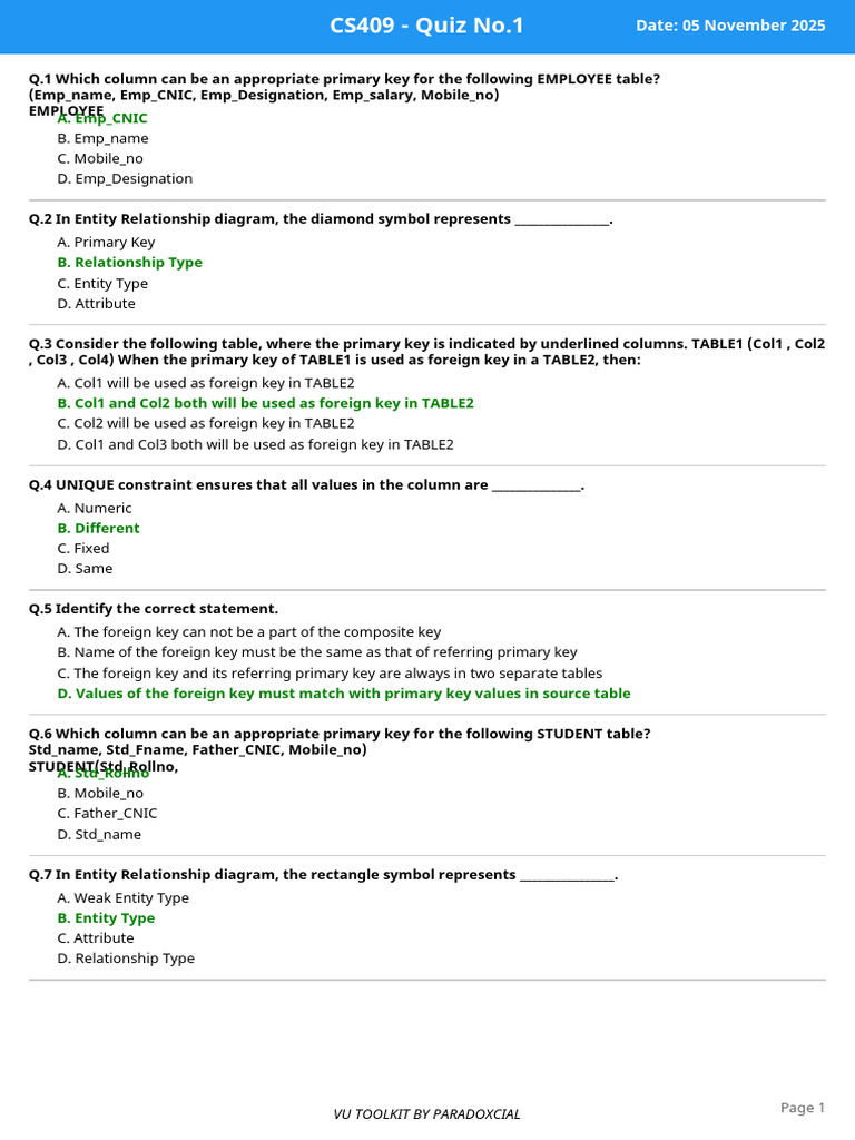 Quiz CS409 1 | PDF | Table (Database) | Data Management Software