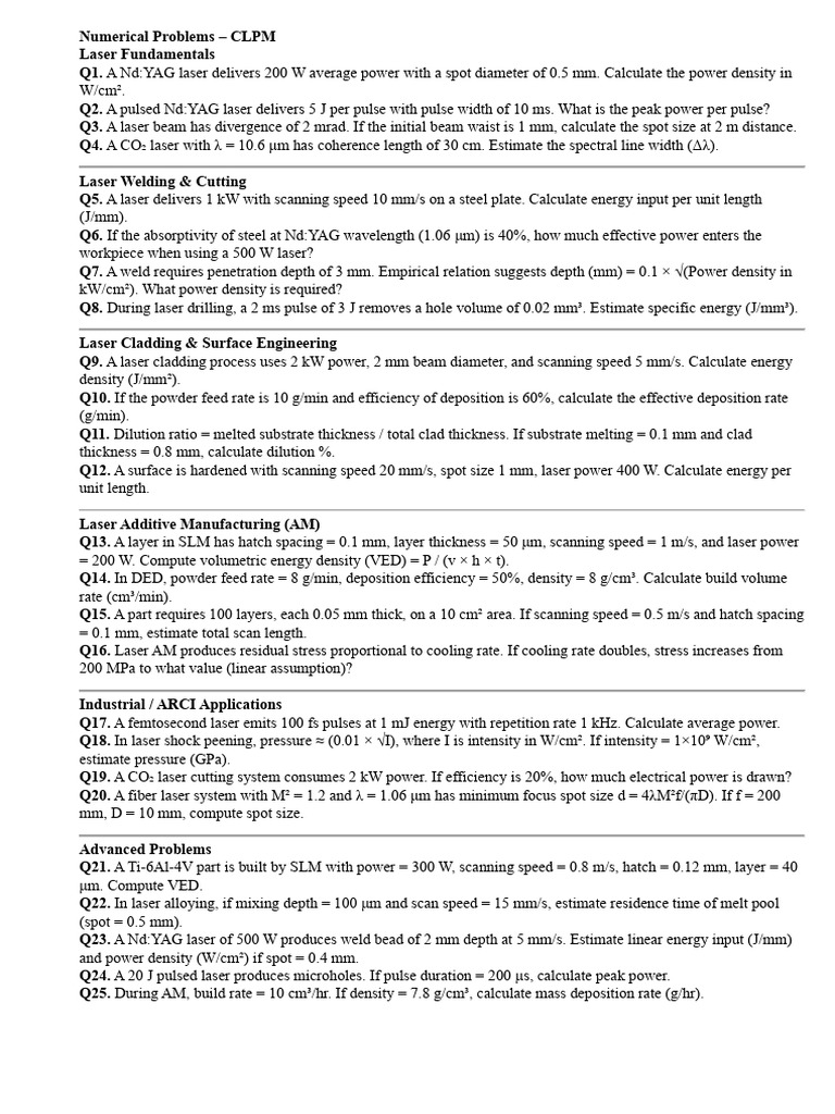 Laser Processing Numerical Problems | PDF | Laser | Applied And ...