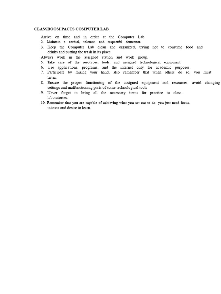 Classroom Agreements Computer Lab | PDF