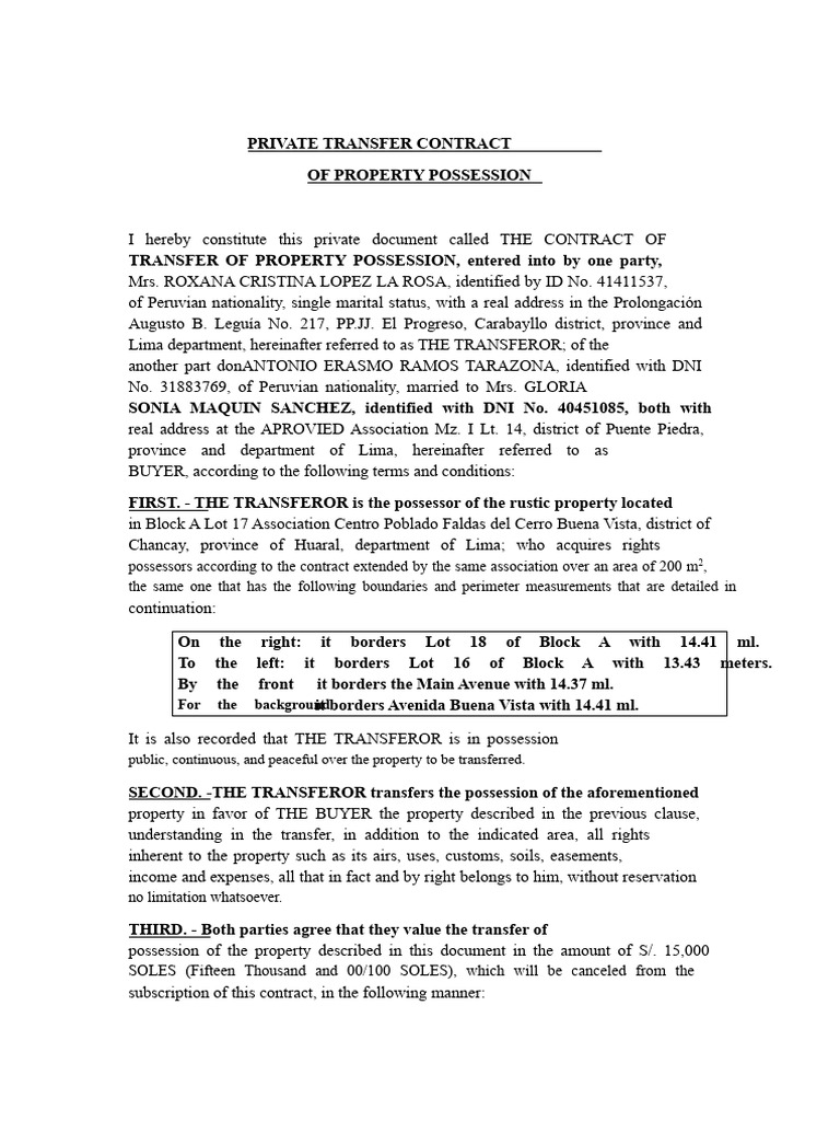 Private Contract For The Transfer of Possession of Real Estate | PDF ...