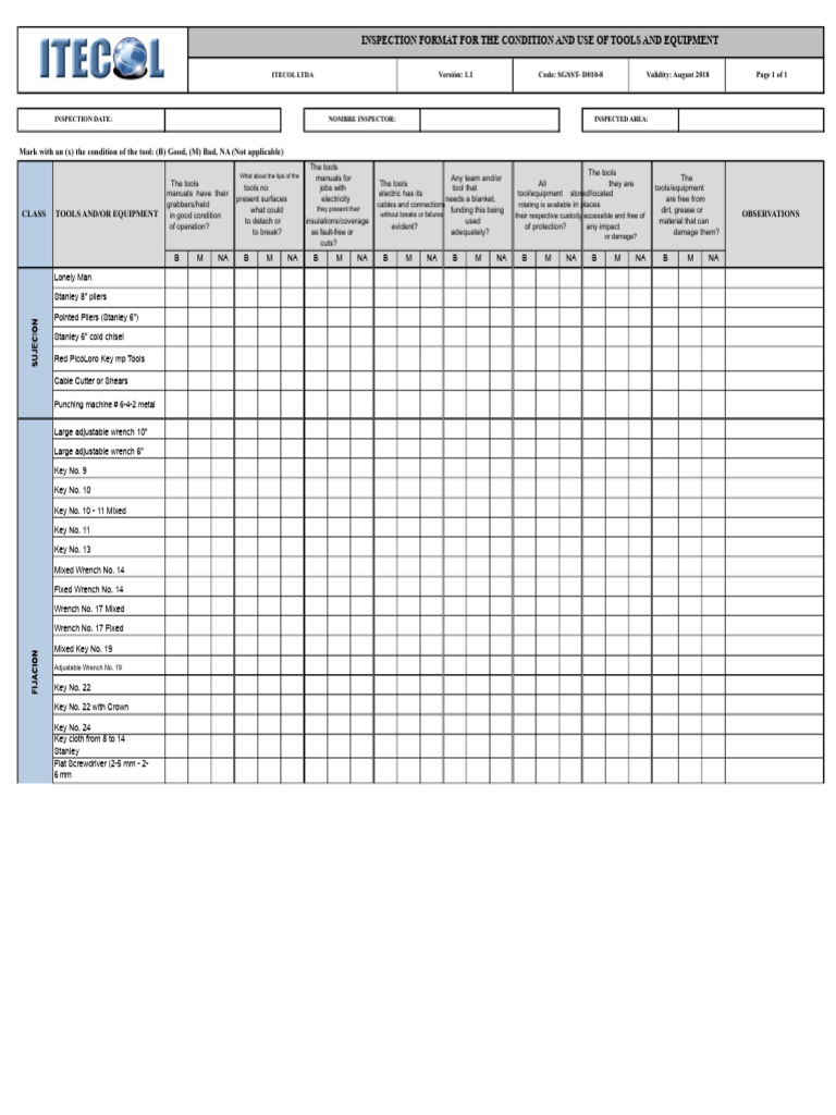 Equipment and Tools Inspection Format | PDF | Tools | Metalworking
