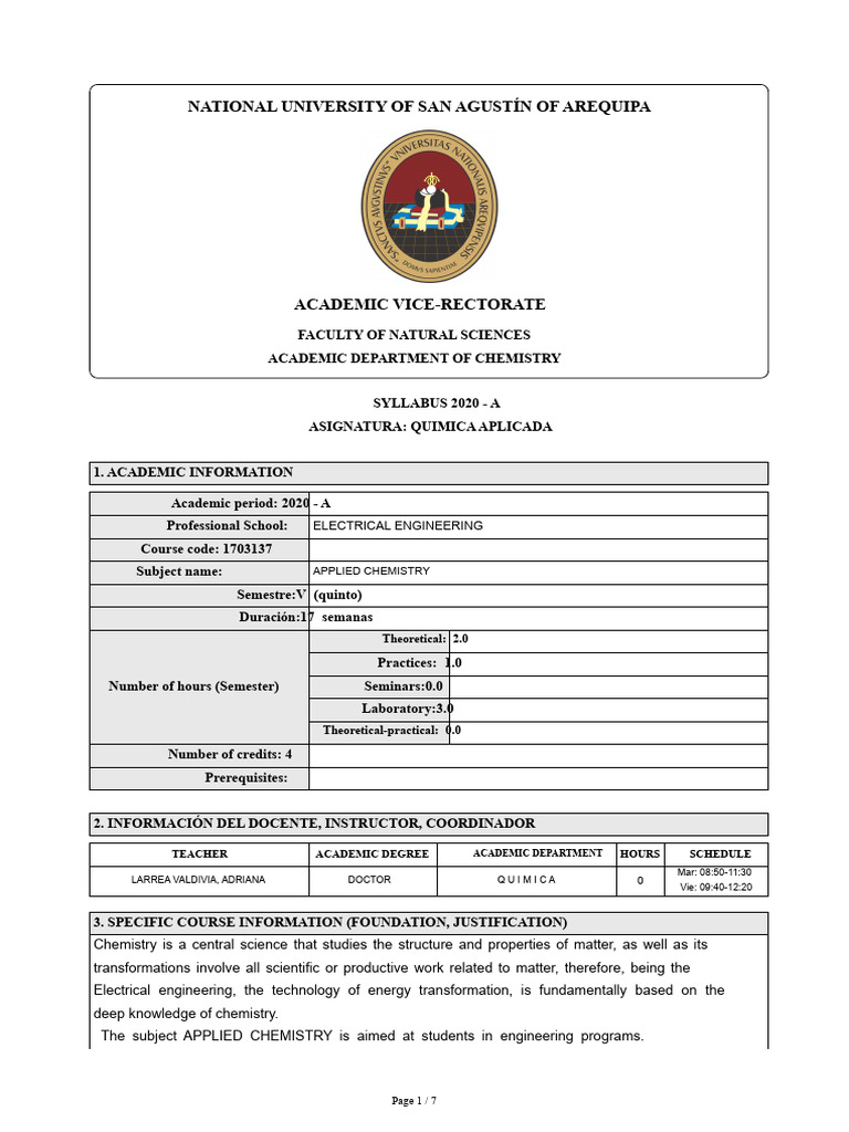 Syllabus-Applied Chemistry (2020-A) | PDF | Chemistry | Chemical Reactions