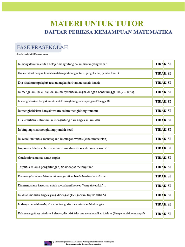Daftar Periksa Kemampuan Matematika Anak | PDF