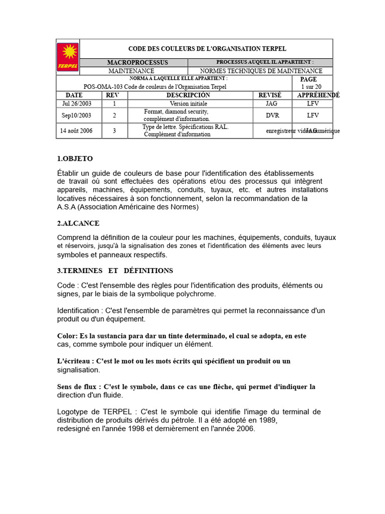 Code des Couleurs Terpel pour Maintenance | PDF | Tuyau