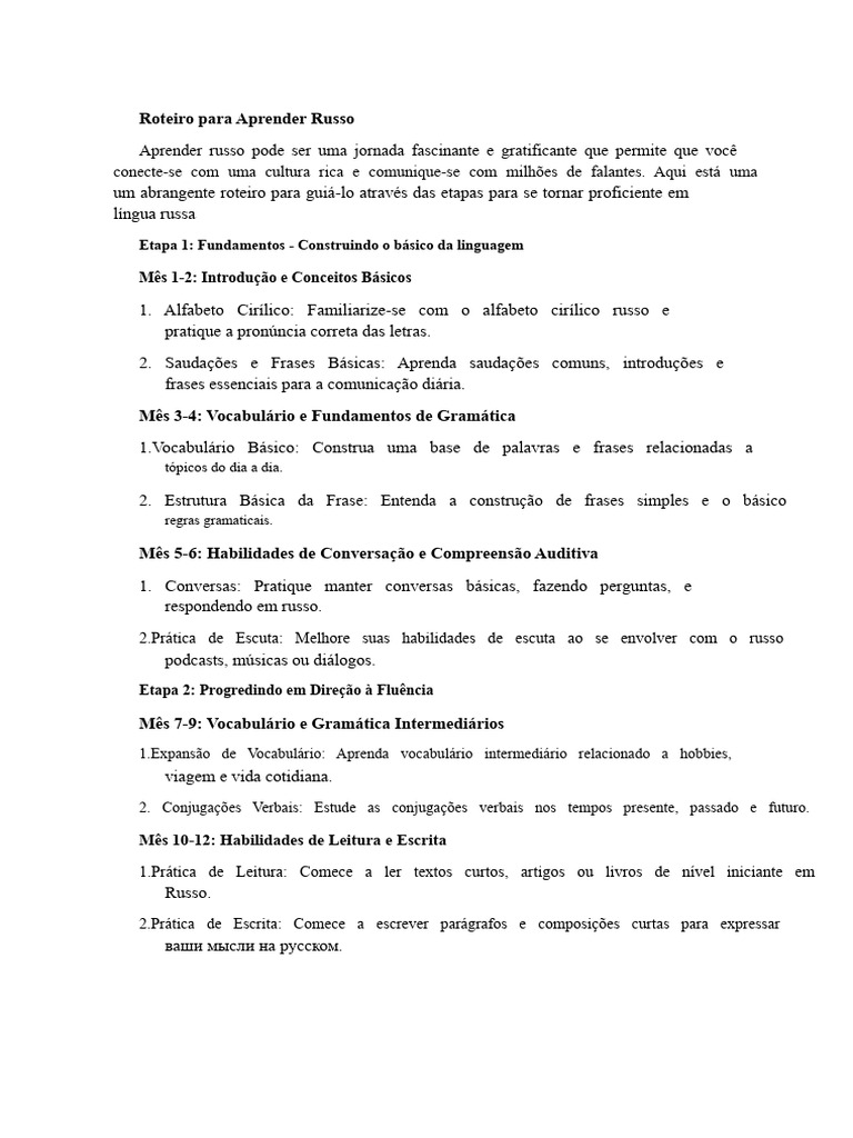 Roteiro para Aprender Russo | PDF | Fluência | Russo (idioma)