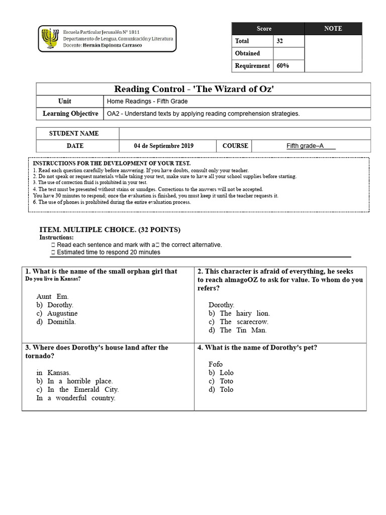 Fifth Grade Reading Test: Wizard of Oz | PDF | Dorothy Gale | Tin Woodman