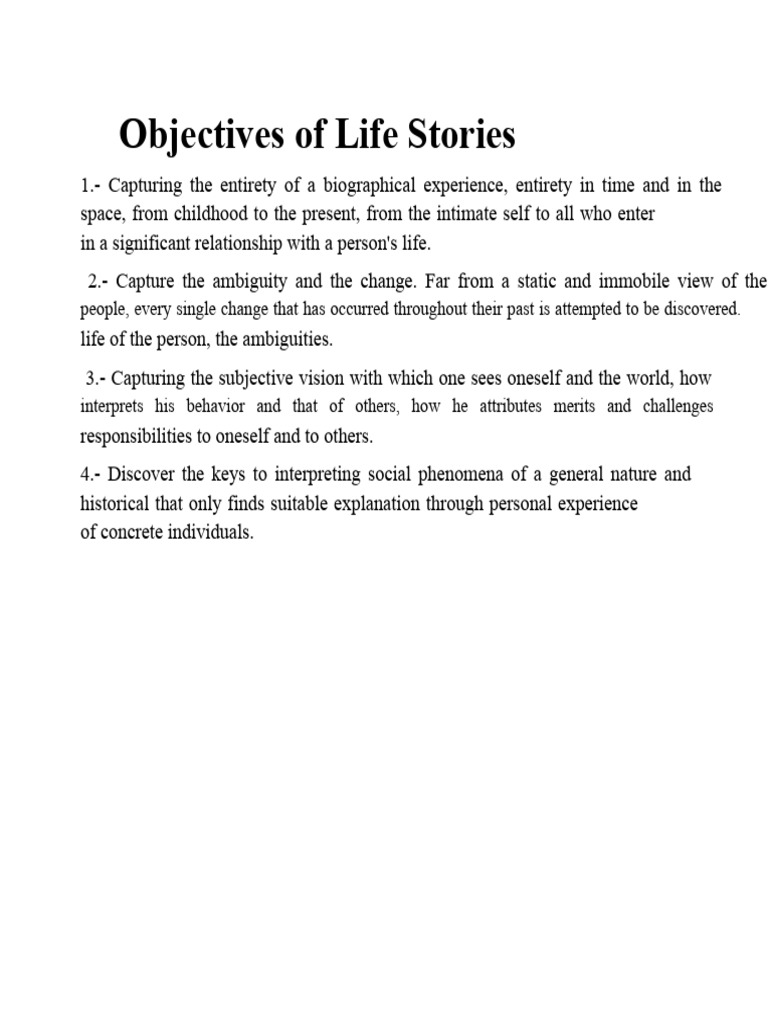 Objectives of Life Stories | PDF | Experience | Narrative