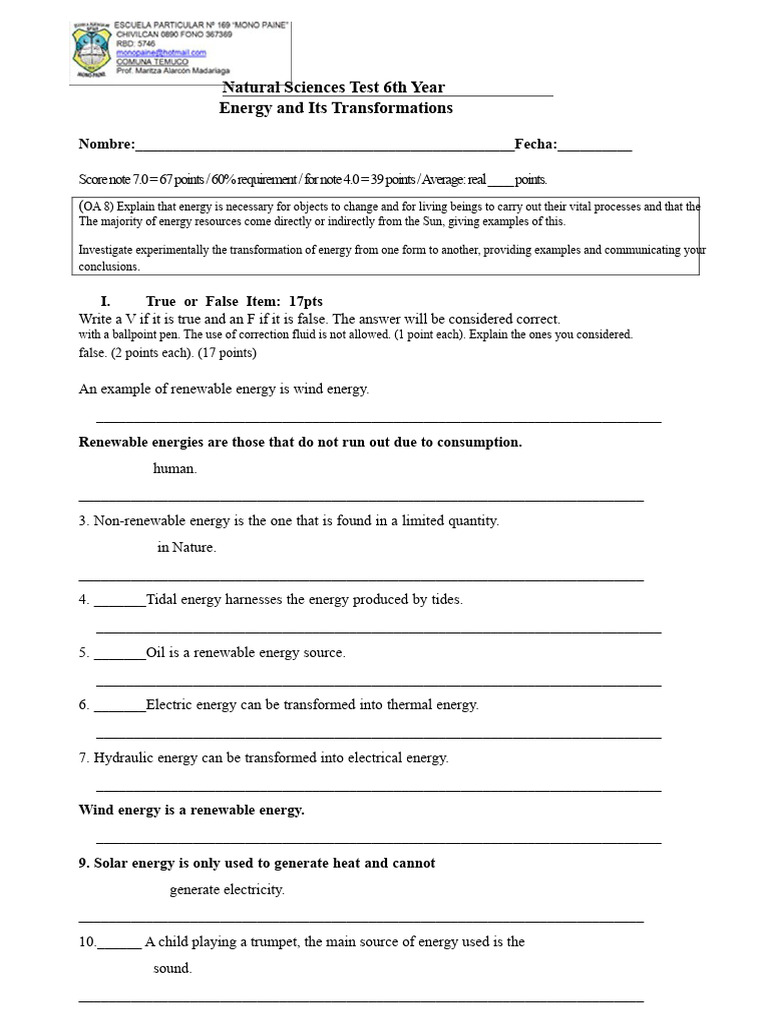 6th Year - Natural Sciences - Test - Energy and Its Transformations ...