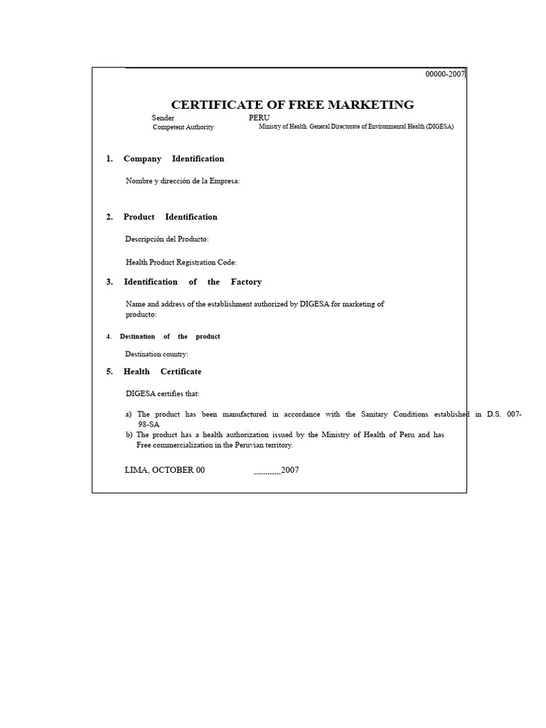 Certificate of Free Commercialization | PDF