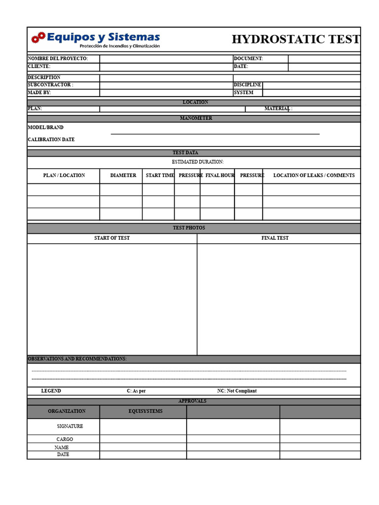 Hydrostatic Test Protocol | PDF