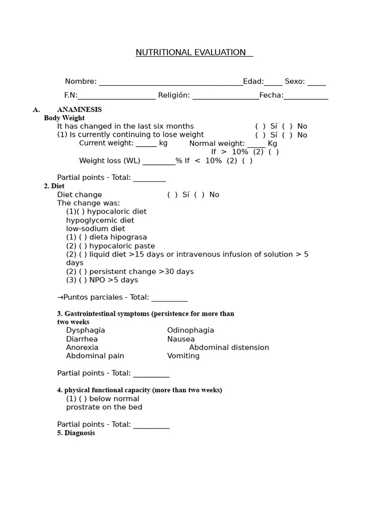 Nutritional Assessment Form | PDF | Body Mass Index | Weight Loss
