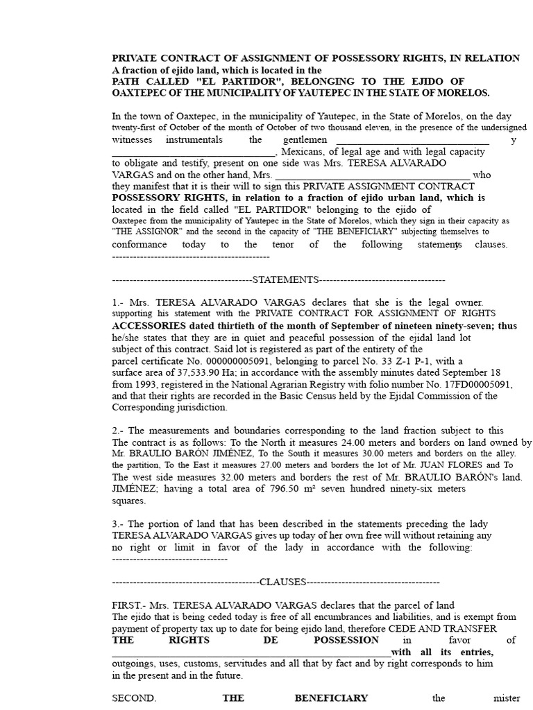 Ejido Land Possessory Rights Assignment | PDF | Assignment (Law ...
