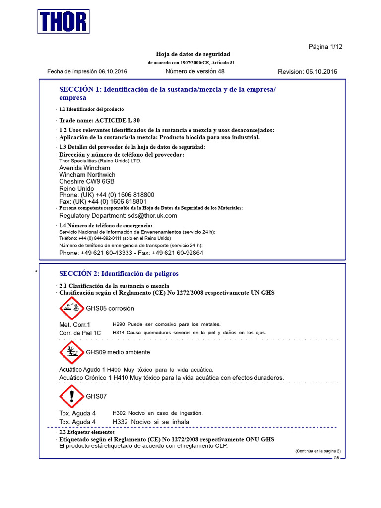 Hoja de Seguridad ACTICIDE L 30 | PDF | Corrosión | Agua