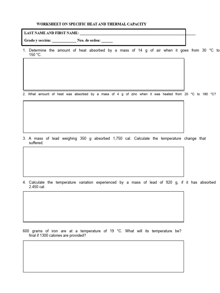 Worksheet On Specific Heat and Thermal Capacity | PDF