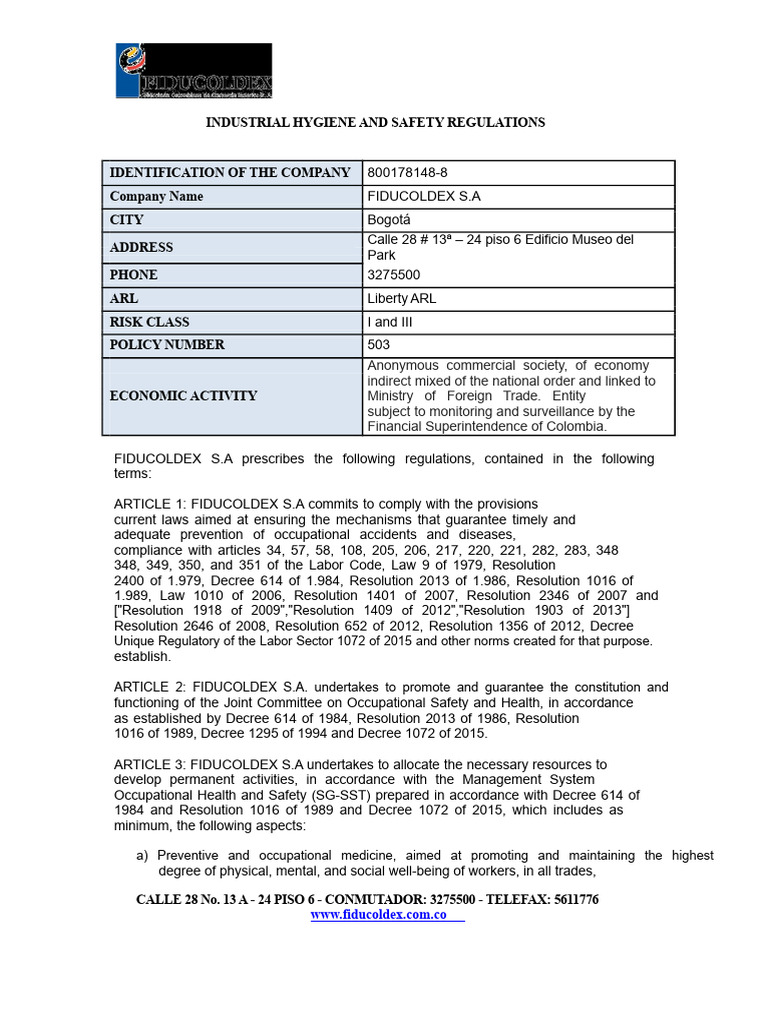 Regulations On Hygiene and Industrial Safety - FIDUCOLDEX | PDF ...