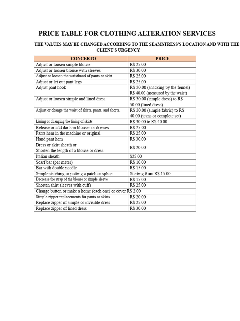 Clothing Alteration Price List | PDF
