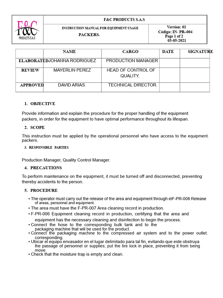 In-Pr-003 Instruction Manual For The Use of Packaging Equipment. | PDF