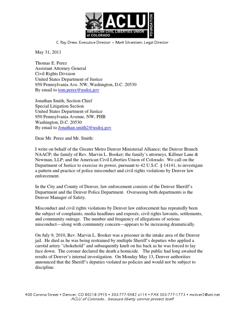ACLU Colo Letter To DOJ | PDF | Police Brutality | Arrest