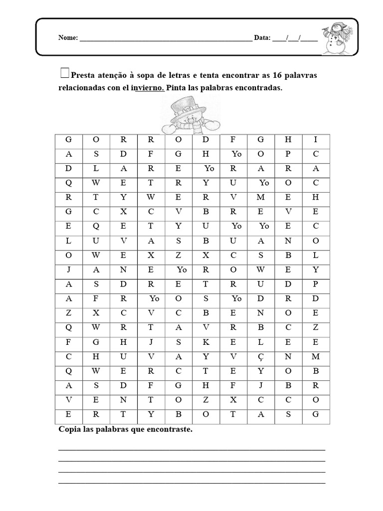 Ficha de Español Con Sopa de Letras y Composición Sobre El Invierno ...
