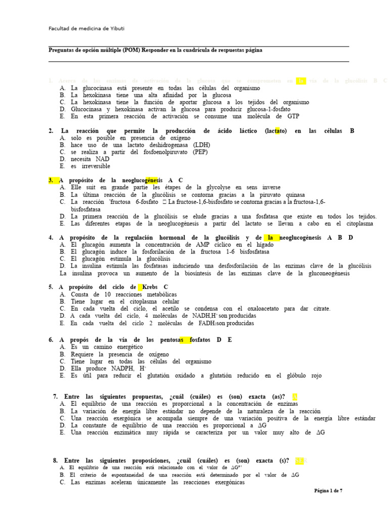 PCEM 1 Examen Blanco 2019 | PDF | Glucólisis | Biosíntesis
