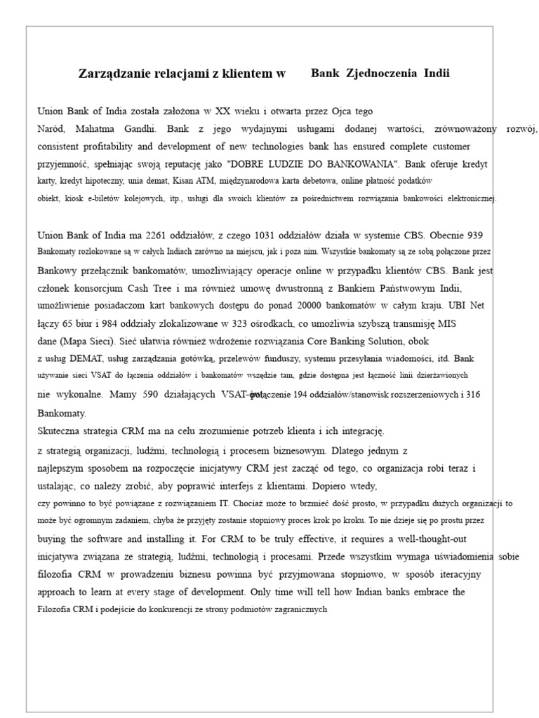 Zarządzanie Relacjami Z Klientami W Union Bank | PDF