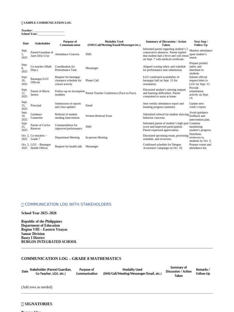 Communication Log for School Stakeholders | PDF