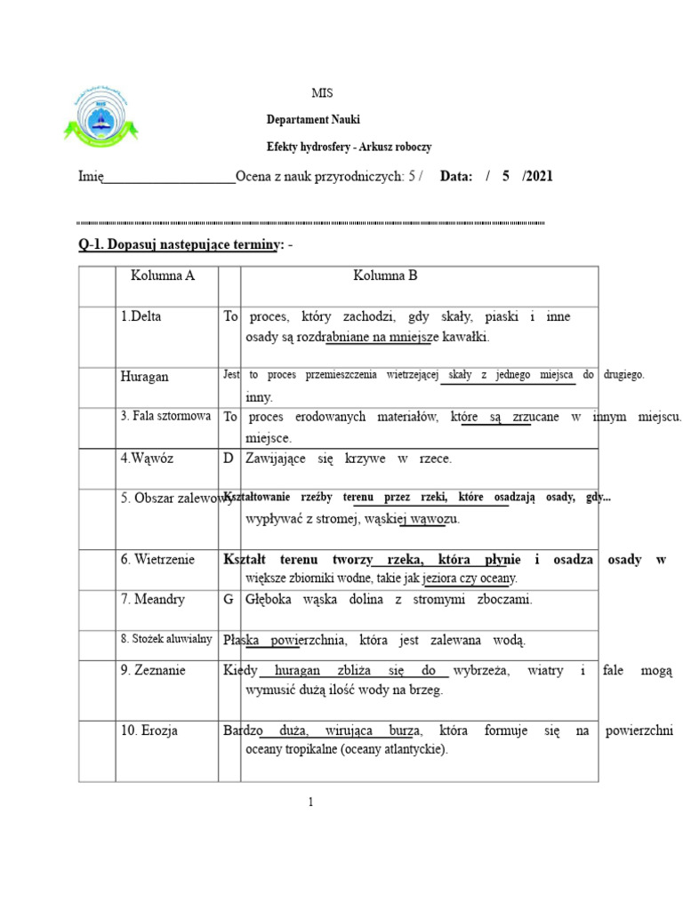 Efekty Hydrosfery - Arkusz Z Odpowiedziami | PDF