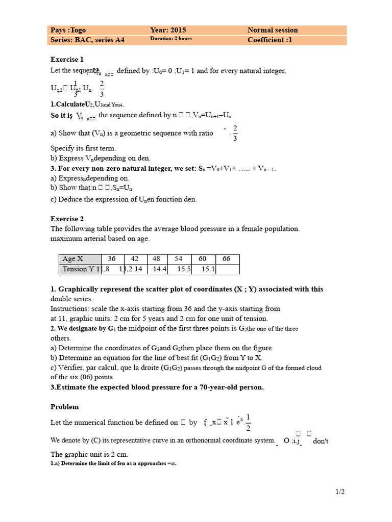 Togo BAC 2015 Math Exam Exercises | PDF | Equations | Sequence