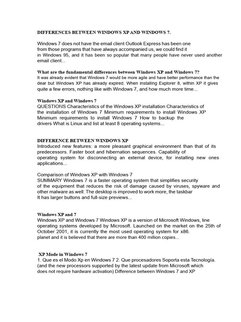 Windows XP vs Windows 7: Key Differences | PDF | Microsoft Windows ...