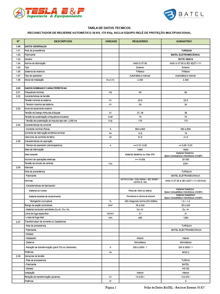 Ficha Técnica BATEL - Recloser Externo 38 KV | PDF | Modem | Wi-Fi