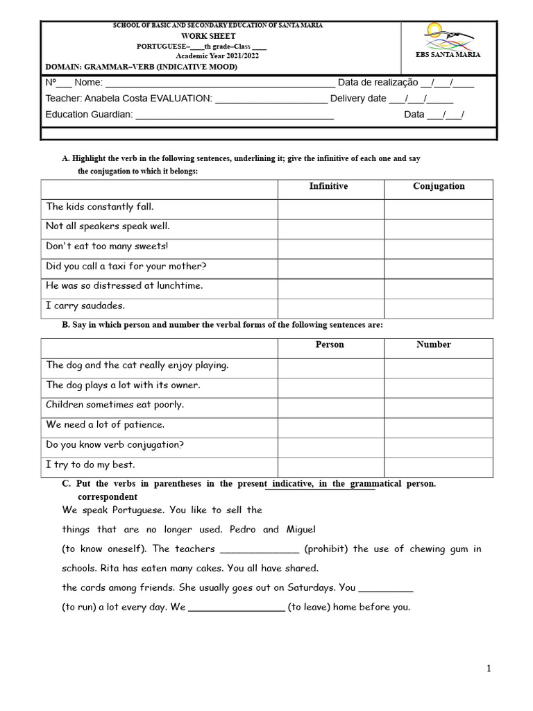 Verb Sheet Indicative Mood 5th Grade | PDF | Grammatical Conjugation ...