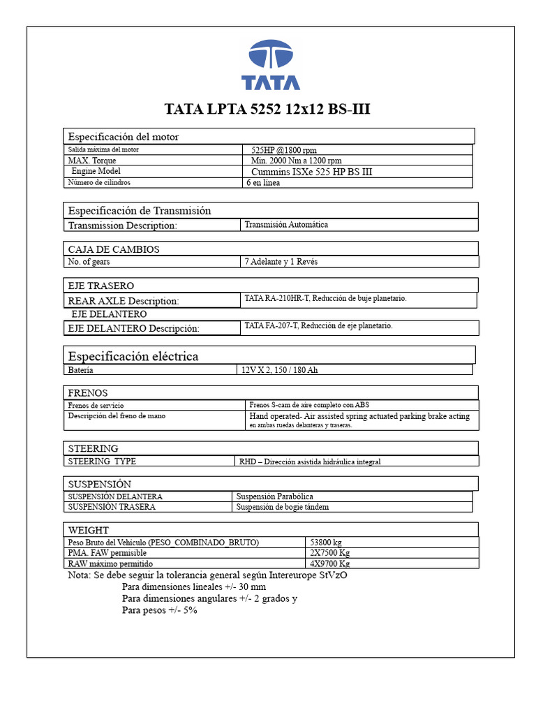 Especificaciones TATA LPTA 5252 BS-III | PDF