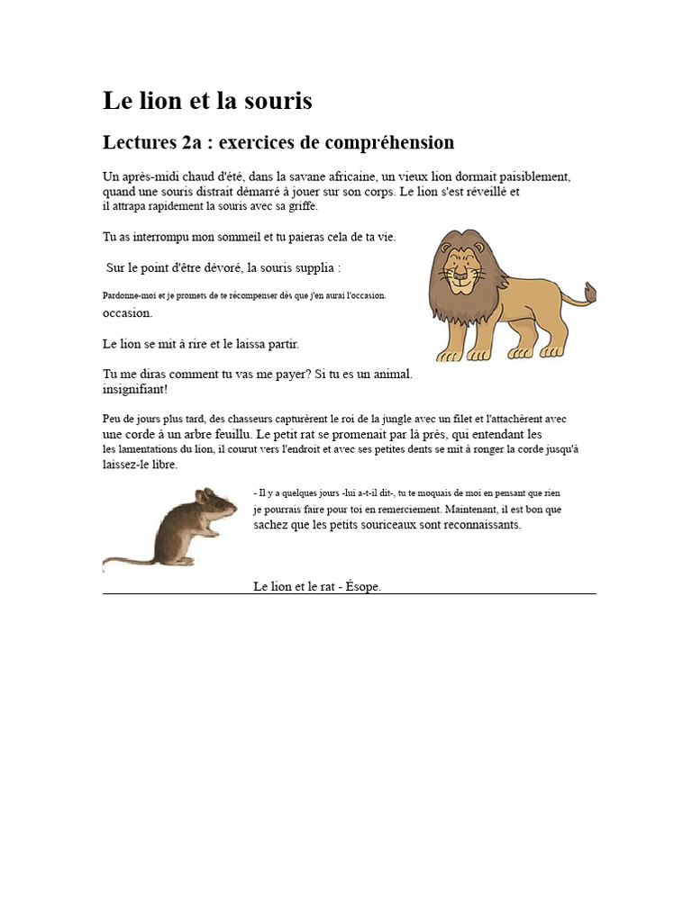 Le lion et la souris : une fable d'Ésope | PDF