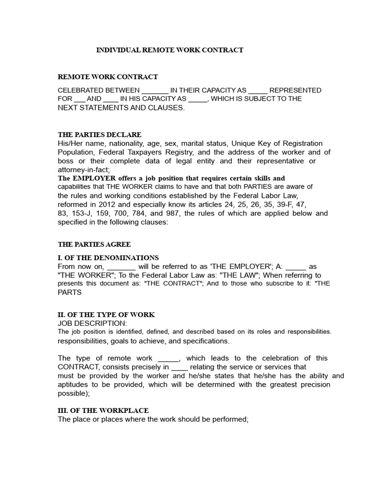 FORMAT Individual Remote Work Contract | PDF | Employment | Salary