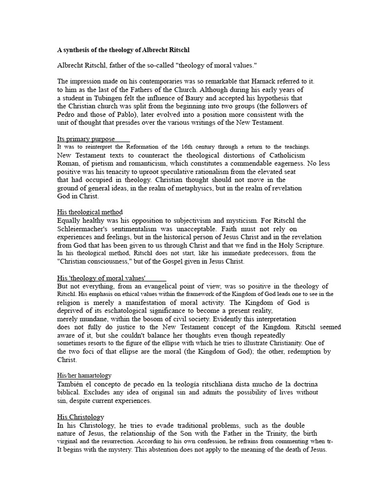 A Synthesis of The Theology of Albert Ritschl | PDF | Christology ...