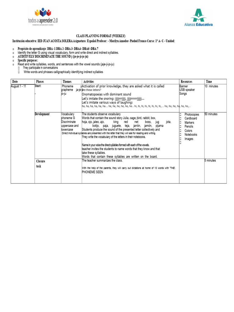 Phoneme J Weekly Lesson Plan | PDF | Syllable | Linguistics