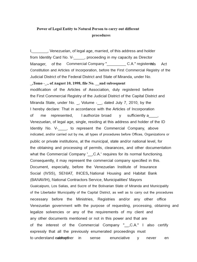 Power of Attorney From Legal Entity To Natural Person To Carry Out ...