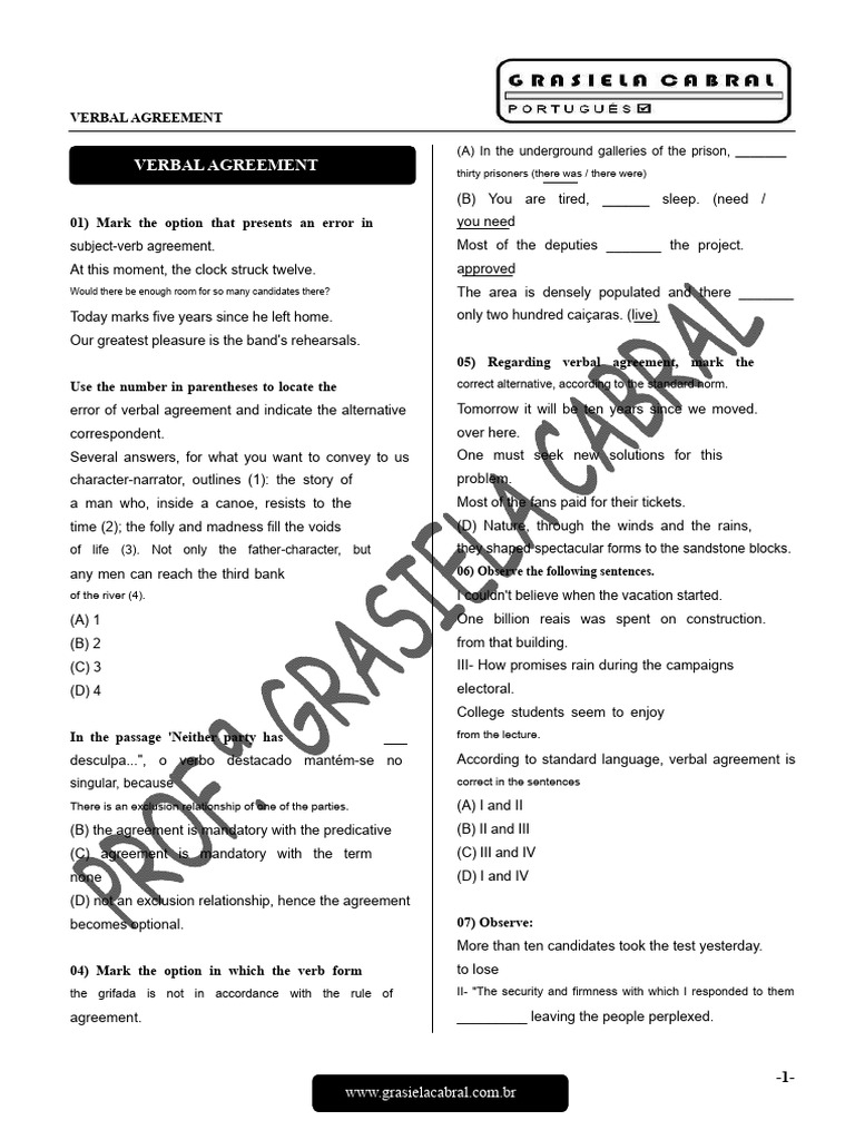 Verb Agreement - 50 Questions | PDF | Verb | Grammatical Conjugation