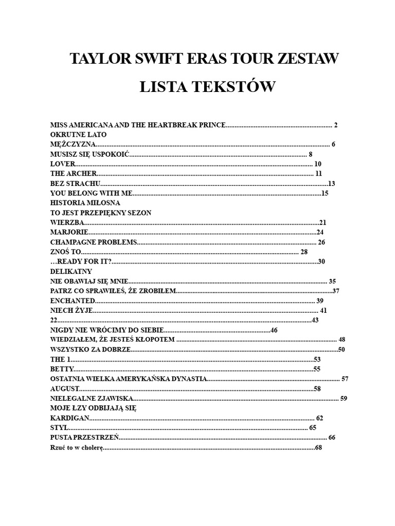 Set List Taylor Swift Eras Tour Z Tekstami | PDF