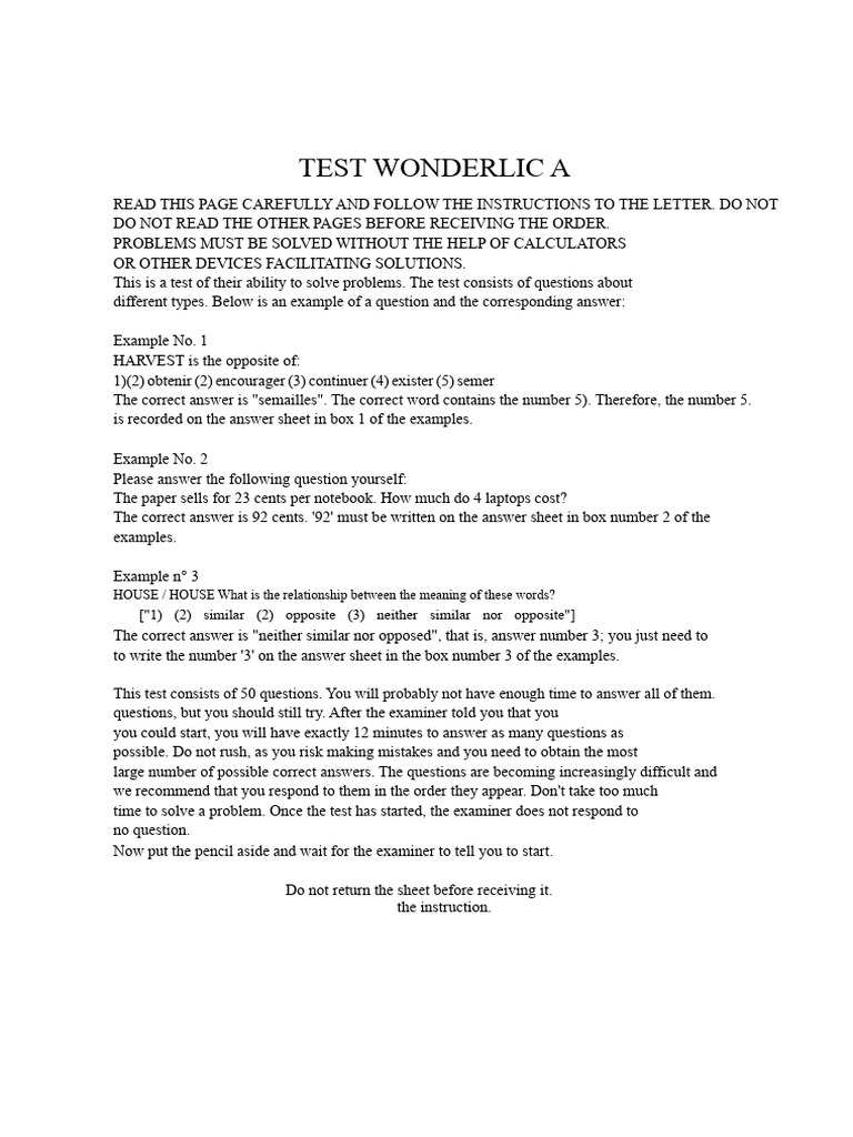 Wonderlic Test Instructions and Examples | PDF
