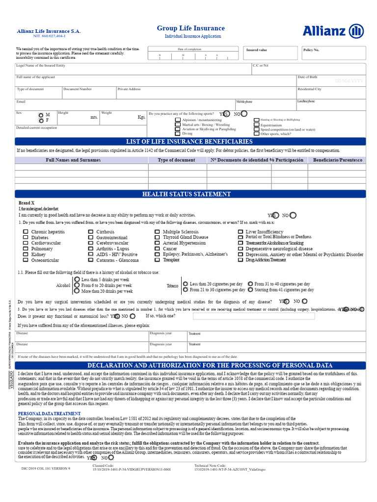 Group Life Insurance Application Form | PDF | Chronic Condition | Human ...