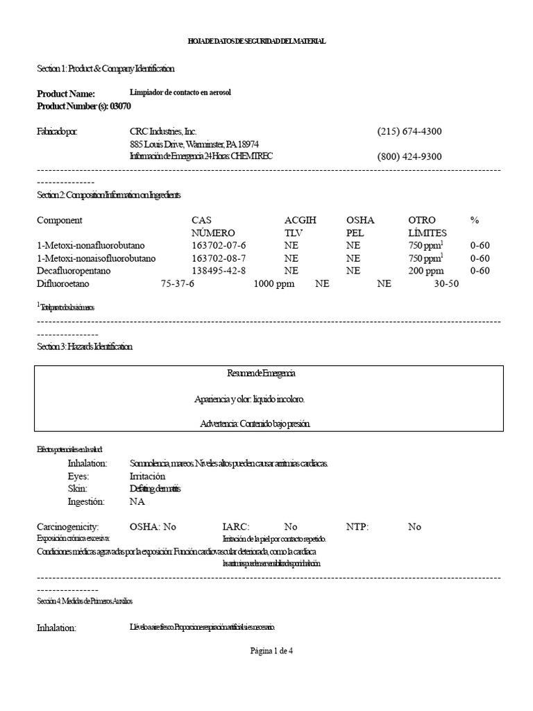 Limpiador de Contactos en Aerosol MSDS - CRC | PDF | Sustancias químicas