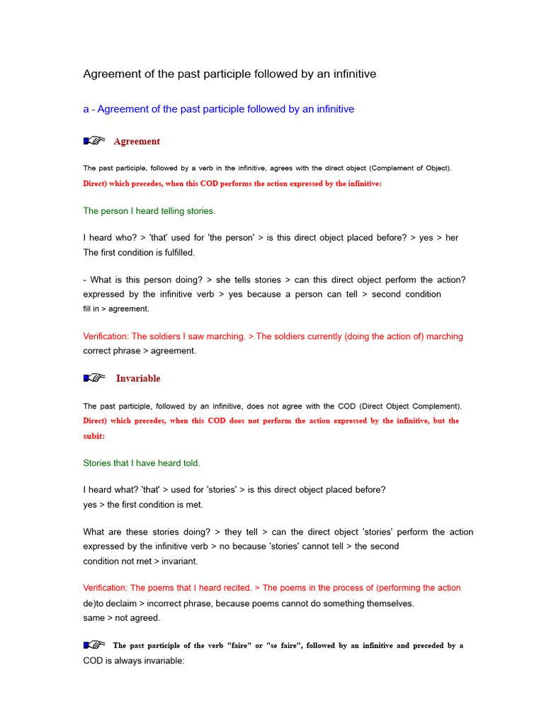Agreement of The Past Participle Followed by An Infinitive | PDF | Verb ...