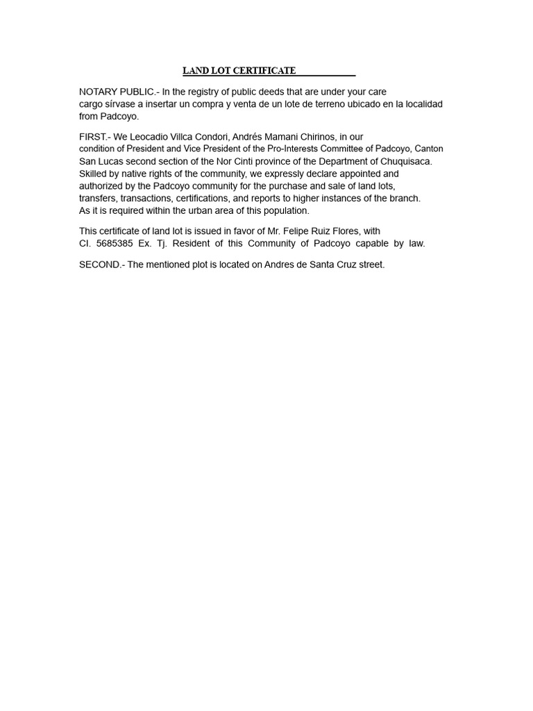 Land Lot Certificate for Padcoyo Community | PDF