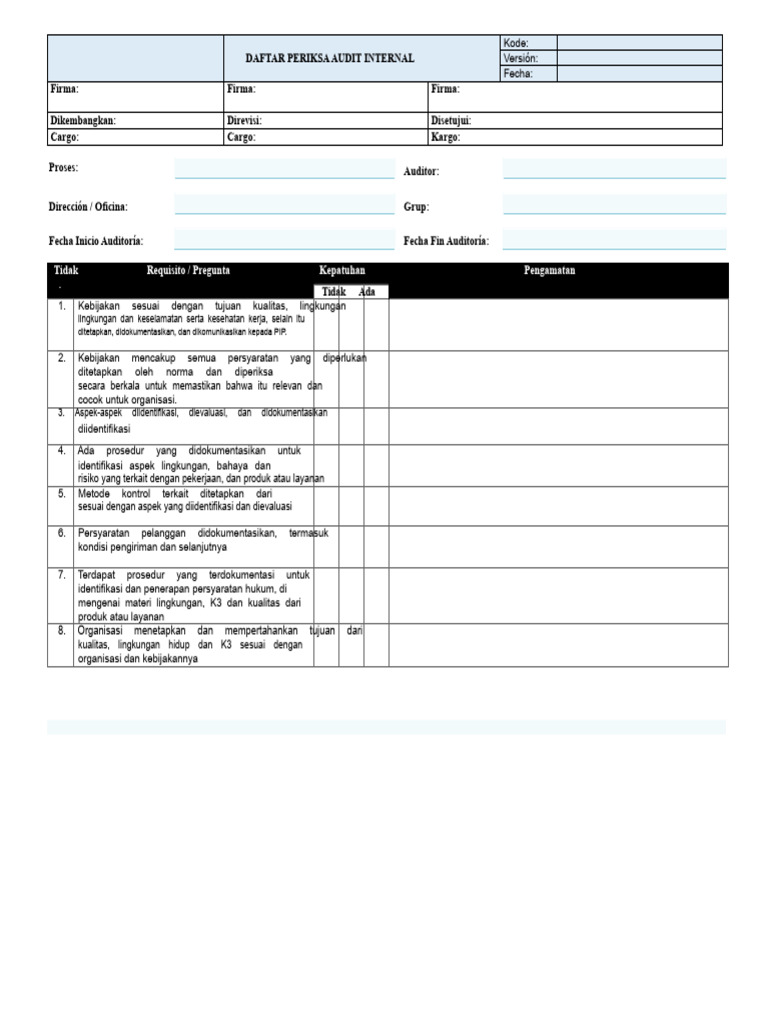 Daftar Periksa Audit Internal Kualitas | PDF